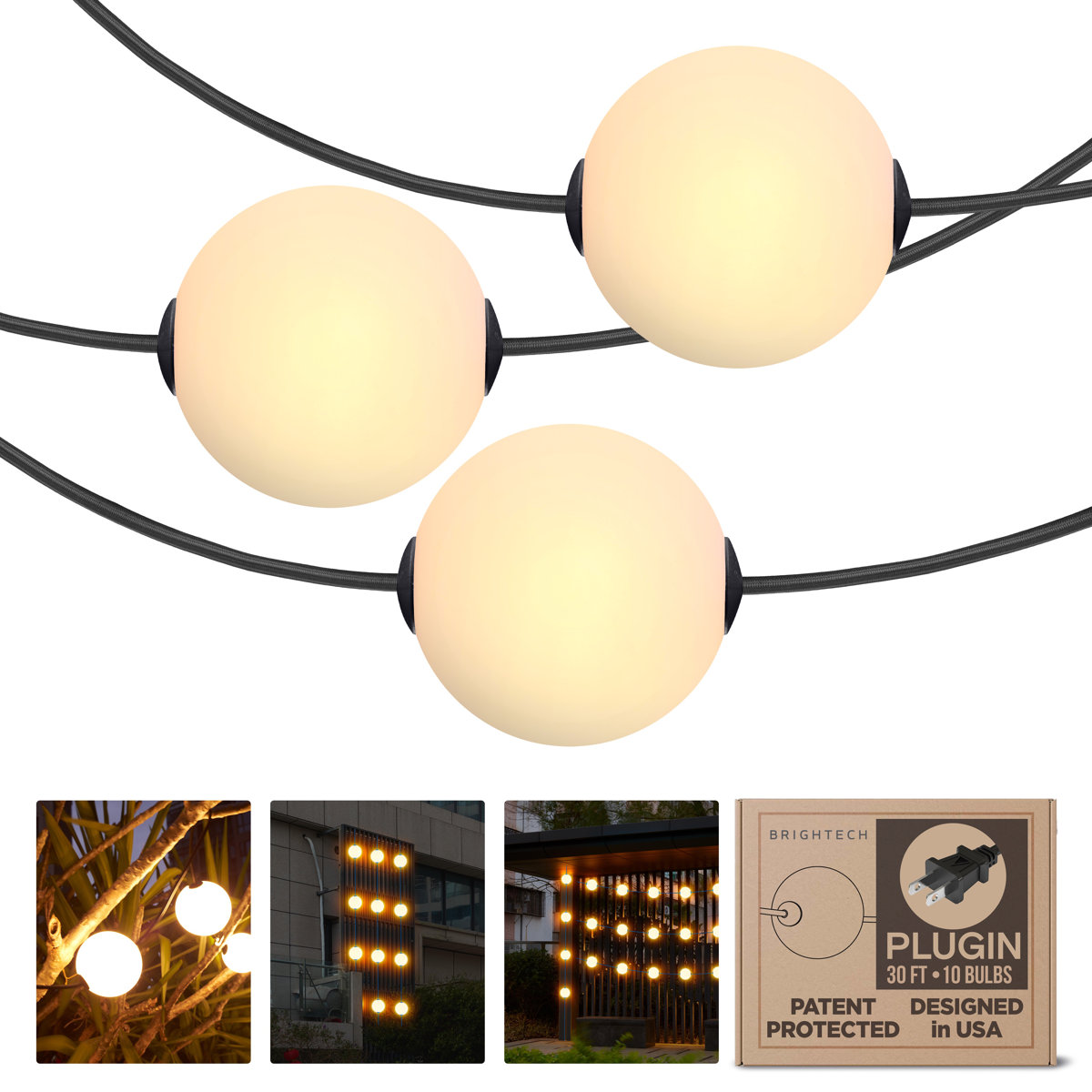 Brightech Orb String Lights With 10 Frosted LED Weatherproof Globe Lights - 30 Ft Plug In ...